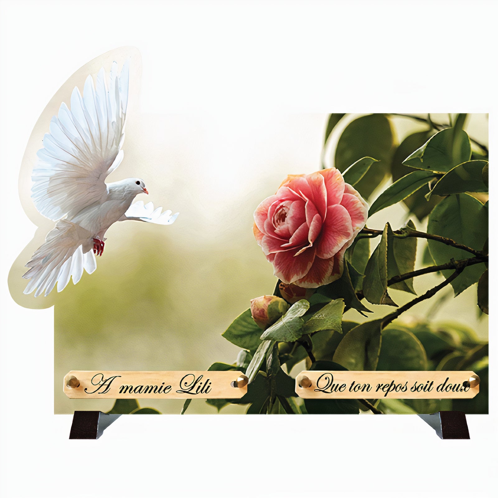 Plaque débordante Colombe & Rose – Deuil fleuri